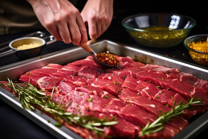 Gourmet Chef Marinating Raw Beef Brisket Slices Stock Image - Image of ...