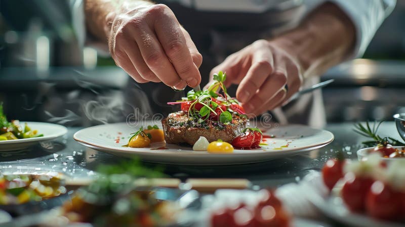 Gourmet Chef S Hands Plating a Dish, Focusing on the Precision and ...