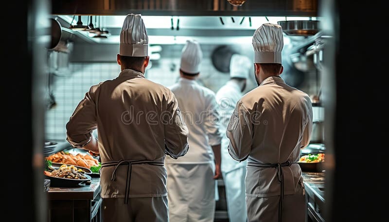 Gourmet Chefs in Uniform Cook in the Kitchen Back View - Generative Ai ...