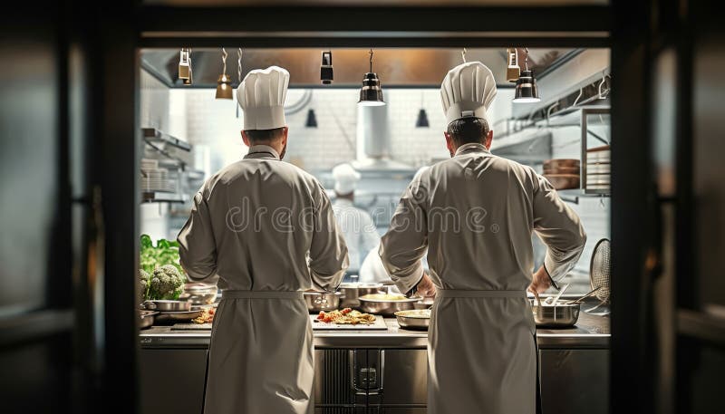 Gourmet Chefs in Uniform Cook in the Kitchen Back View - Generative Ai ...