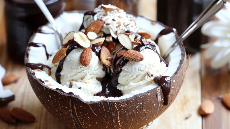 Gourmet Chocolate Almond Ice Cream Delight Stock Image - Image of nuts ...