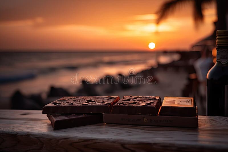 Gourmet Chocolate Bar with View of Sunset on the Beach Stock ...