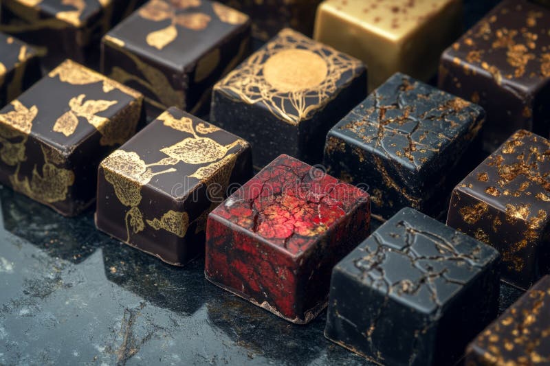 Gourmet Chocolate Candies Decorated with Gold Leaf Patterns, Creating ...