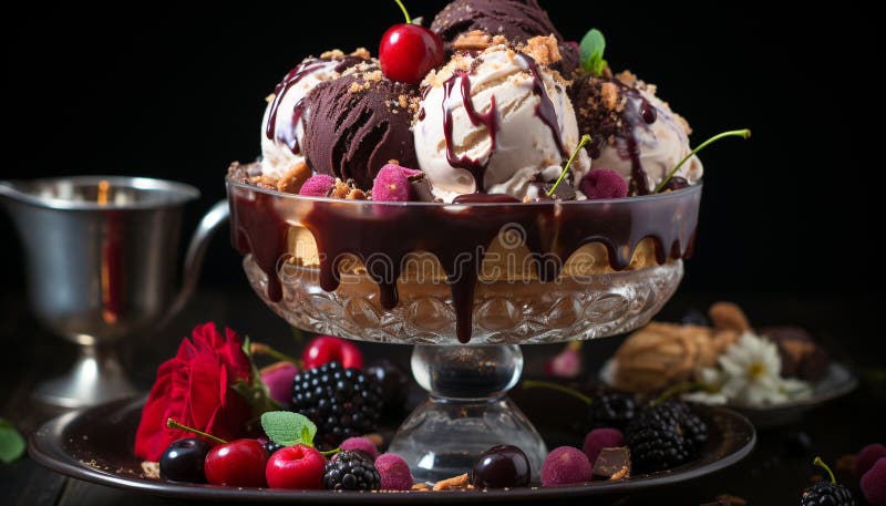 Gourmet Chocolate Ice Cream Sundae with Fresh Berries Generated by AI ...