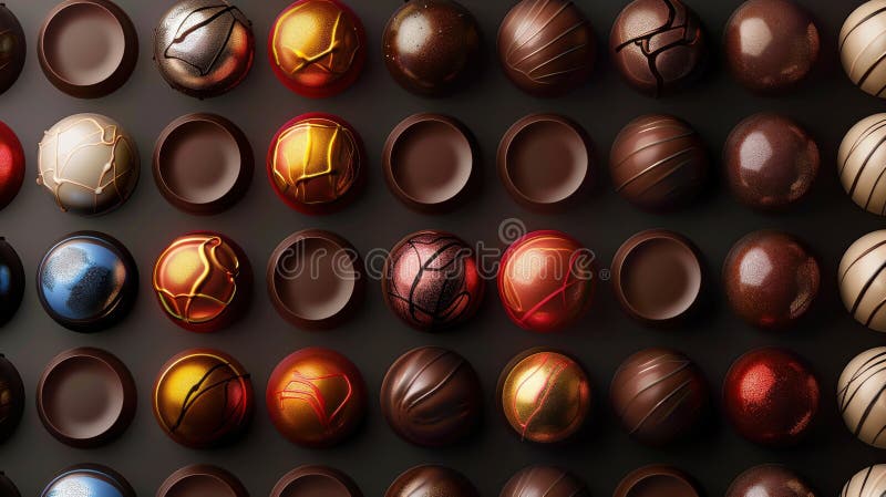 Gourmet Chocolates Arranged in Rows, Showcasing Glossy Textures and ...