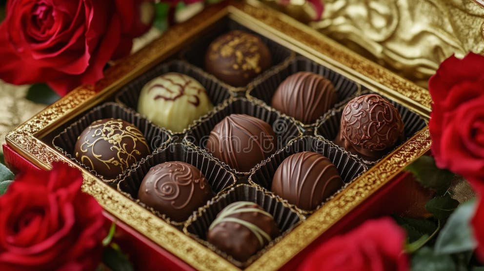 Gourmet Chocolates Boxed among Red Roses Stock Illustration ...