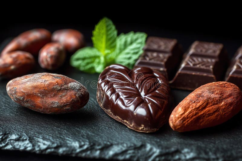 Gourmet Chocolates Elegantly Arranged with Cocoa Beans and Mint on ...