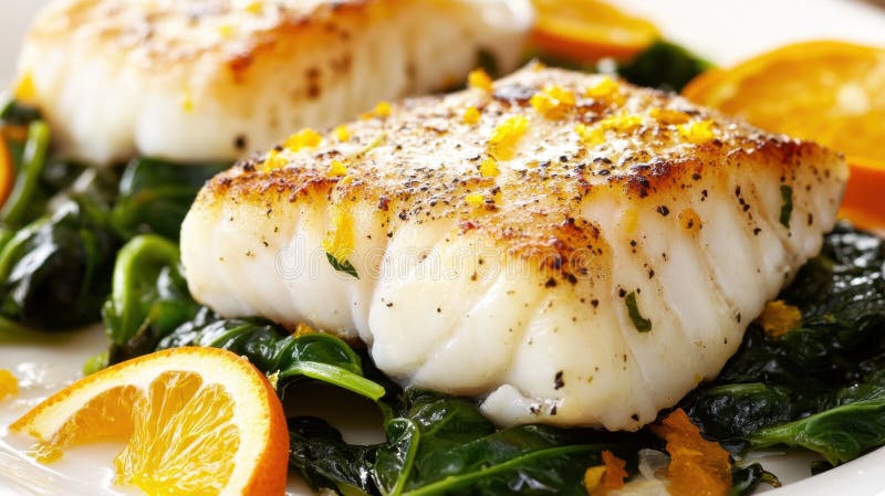 Gourmet Citrus Glazed Cod with Fresh Spinach and Orange Slices for ...