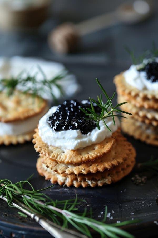 Gourmet Cracker Appetizer with Black Caviar and Cream Cheese on Elegant ...