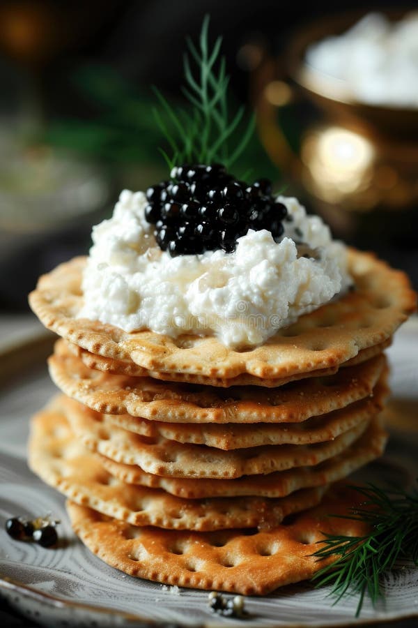Gourmet Cracker Appetizer with Black Caviar and Cream Cheese on Elegant ...