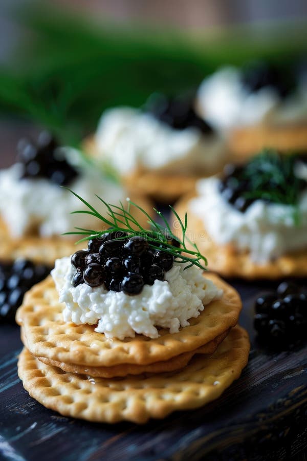 Gourmet Cracker Appetizer with Black Caviar and Cream Cheese on Elegant ...
