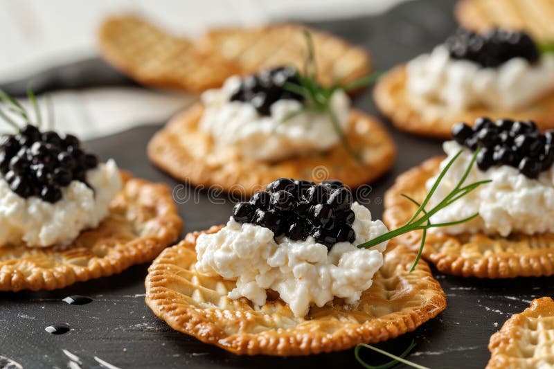Gourmet Cracker Appetizer with Black Caviar and Cream Cheese on Elegant ...
