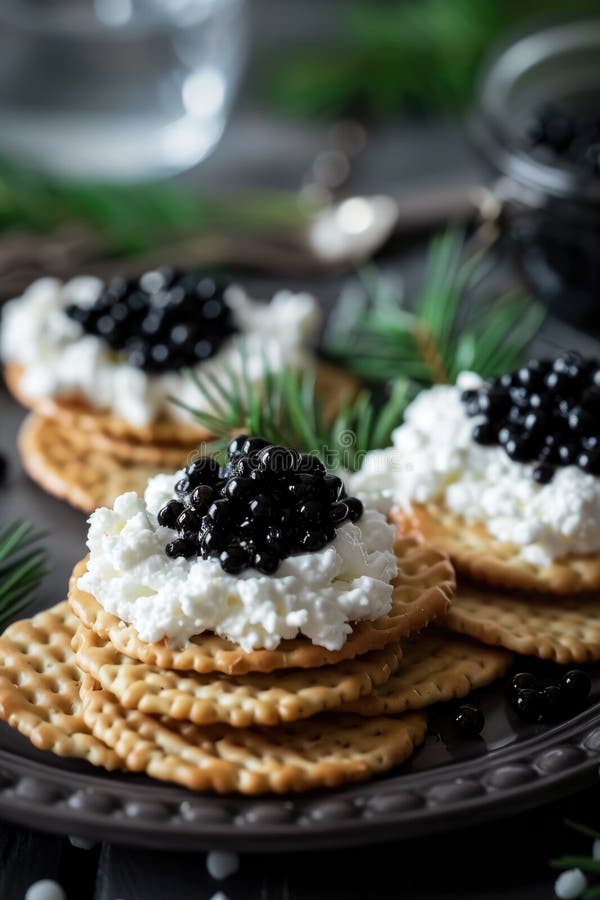 Gourmet Cracker Appetizer with Black Caviar and Cream Cheese on Elegant ...