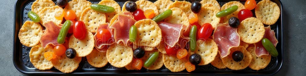 Gourmet Cracker Appetizer with Meat, Cheese, and Vegetables on Black ...