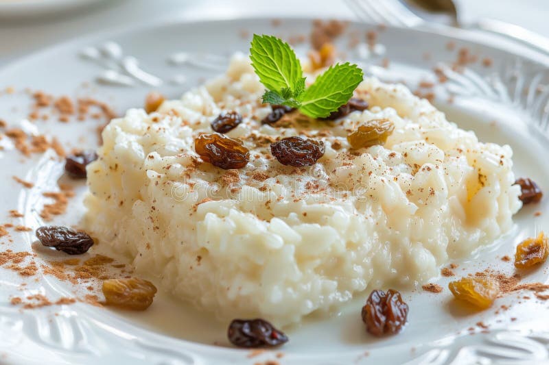 Gourmet Creamy Rice Pudding with Cinnamon, Raisins, and Fresh Mint ...