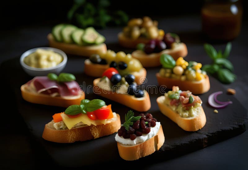 Gourmet Crostini Creations on a Midnight Canvas Stock Illustration ...