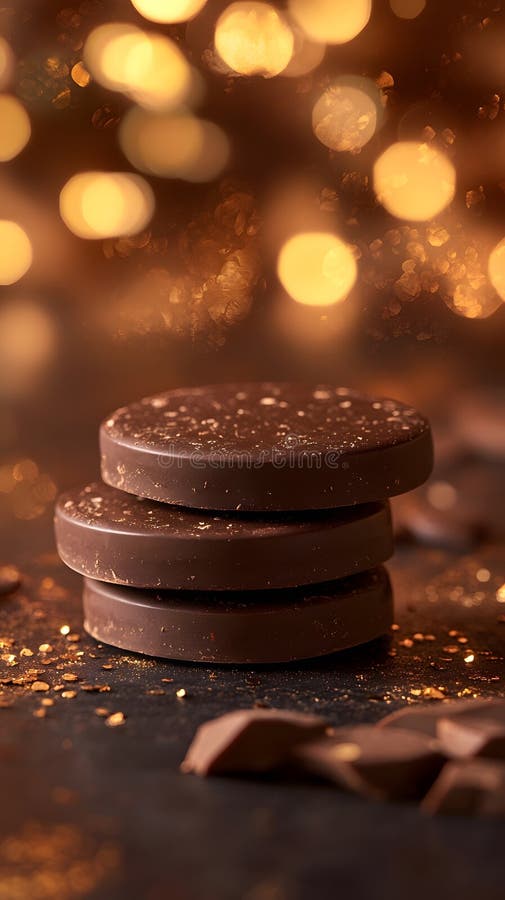 Gourmet Dark Chocolate Discs with Golden Flakes and Bokeh Lights Stock ...