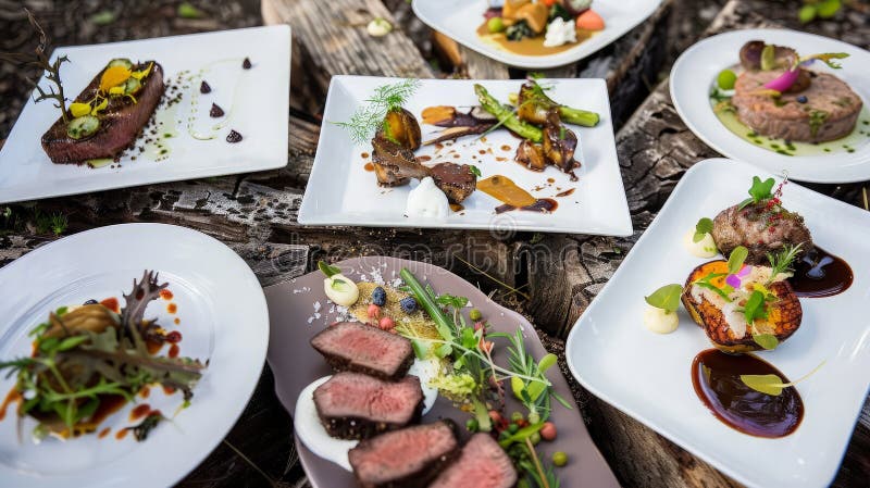 Gourmet Delights: Exquisite Plates in Rustic Setting Stock Illustration ...