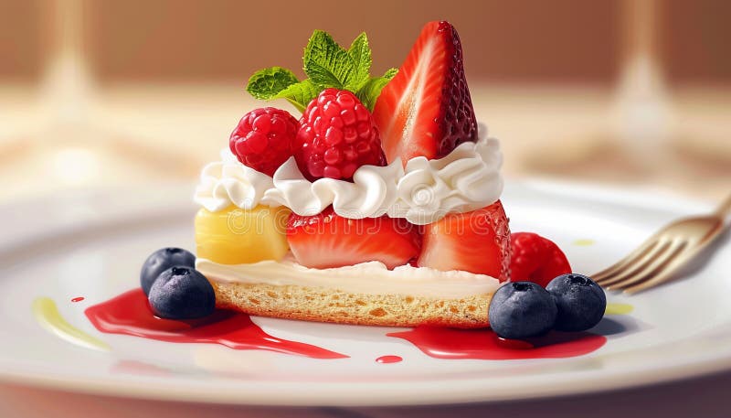 Gourmet Dessert Fresh Fruit Slice on Whipped Cream Plate Stock ...