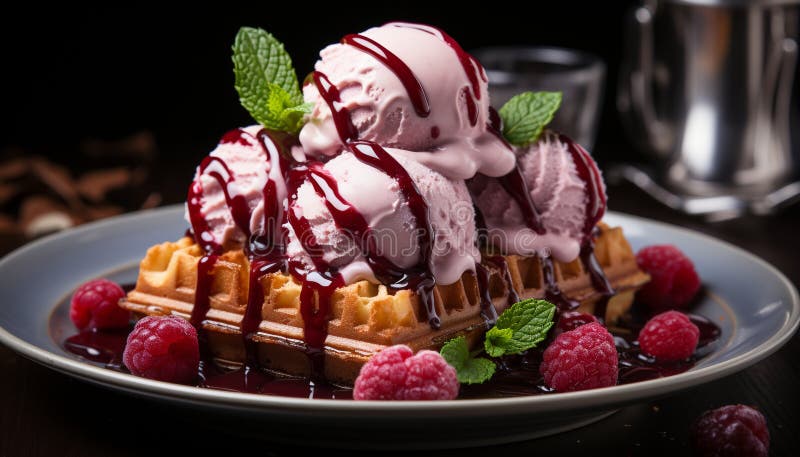 Gourmet Dessert Fresh Raspberry Ice Cream on Belgian Waffle Generated ...