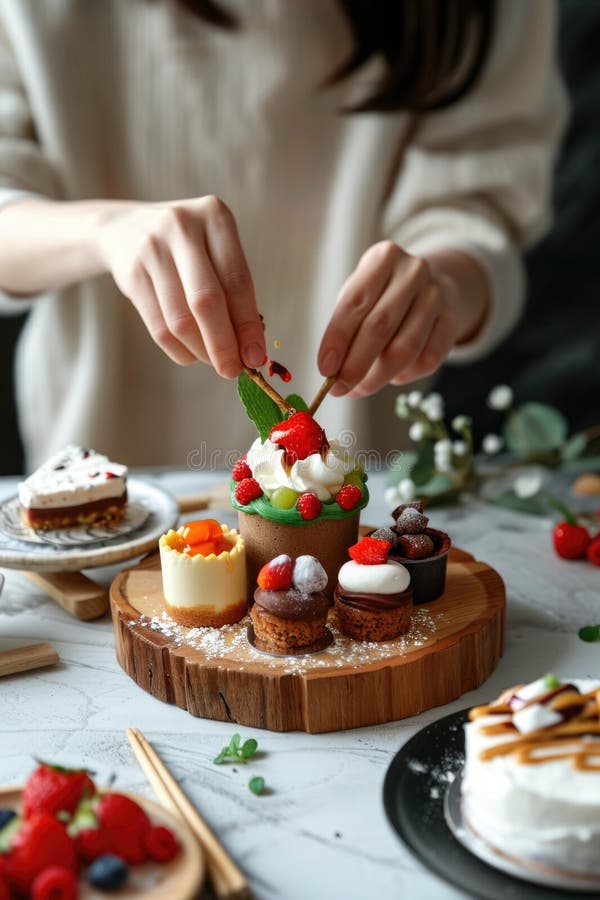 Gourmet Dessert Platter Preparation by Chef with Fresh Berries Stock ...