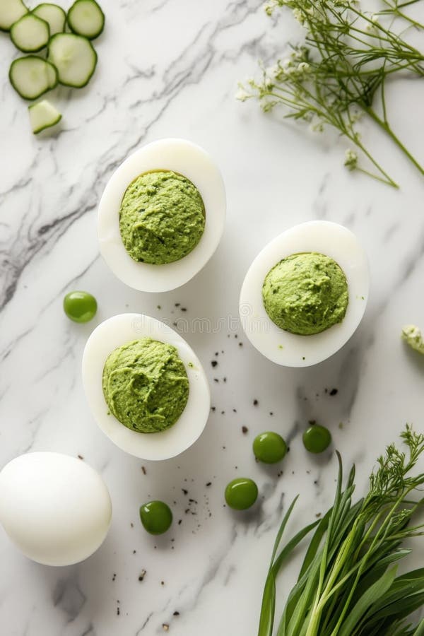 Gourmet Deviled Eggs with Avocado Filling on Marble Surface Stock ...