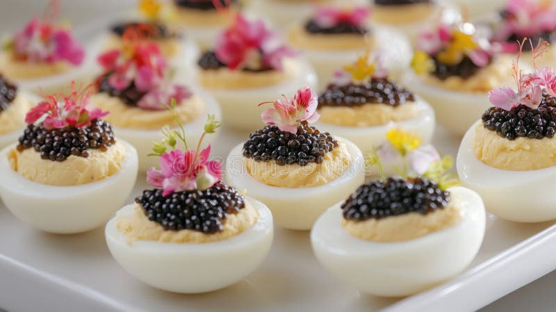 Gourmet Deviled Eggs with Caviar and Edible Flowers Stock Photo - Image of stuffed, catering ...