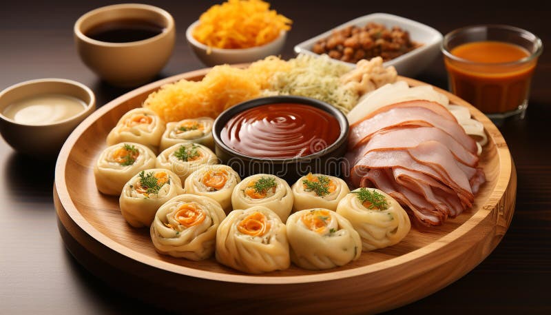Gourmet Dim Sum, a Fresh Meal on a Wooden Plate Generated by AI Stock ...