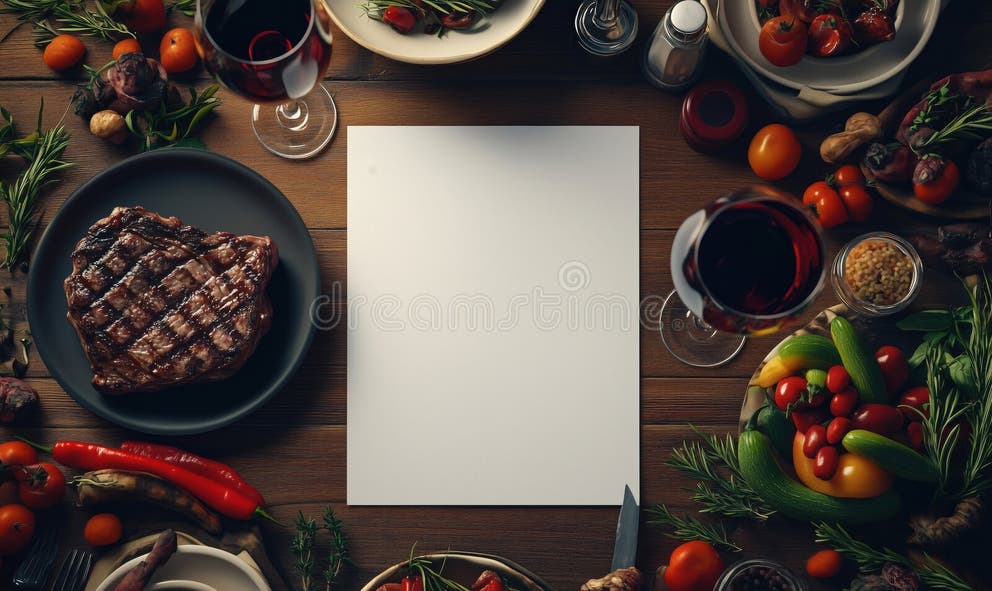 Gourmet Dining Table Setting with Steak, Wine, and Fresh Vegetables ...