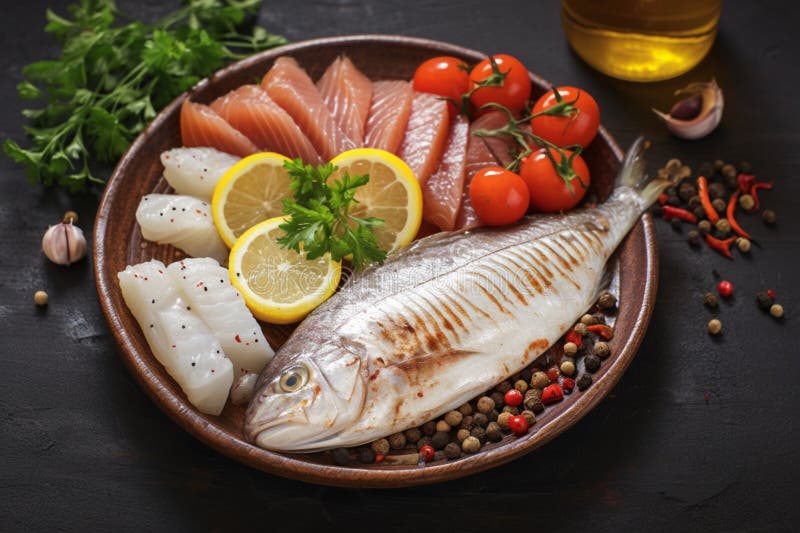 Gourmet Dinner Seafood Fish Plate with Fresh Raw Fish Stock ...