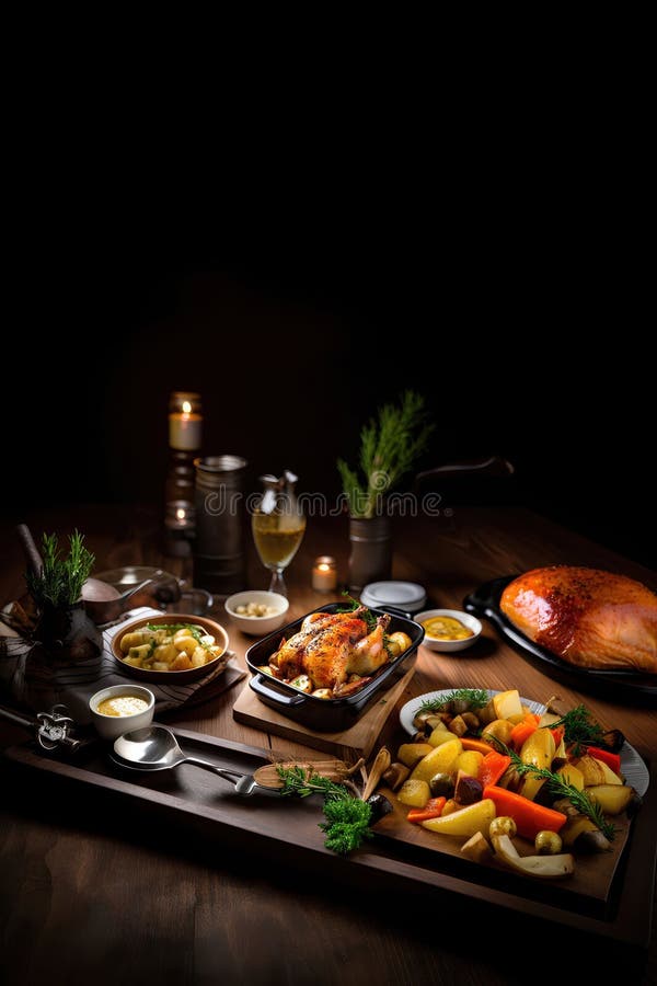 Gourmet Dinner with Roasted Chicken and Vegetables Stock Photo - Image ...