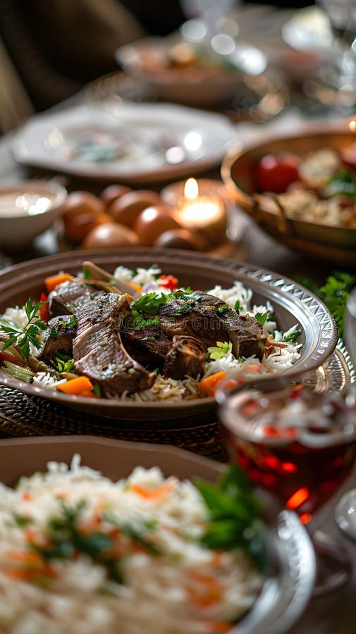 Gourmet Dinner Spread with Meat and Rice Dishes Elegantly Presented ...