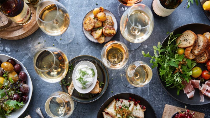 Gourmet Dinner Spread with Wine and Seafood Delights Stock Illustration ...