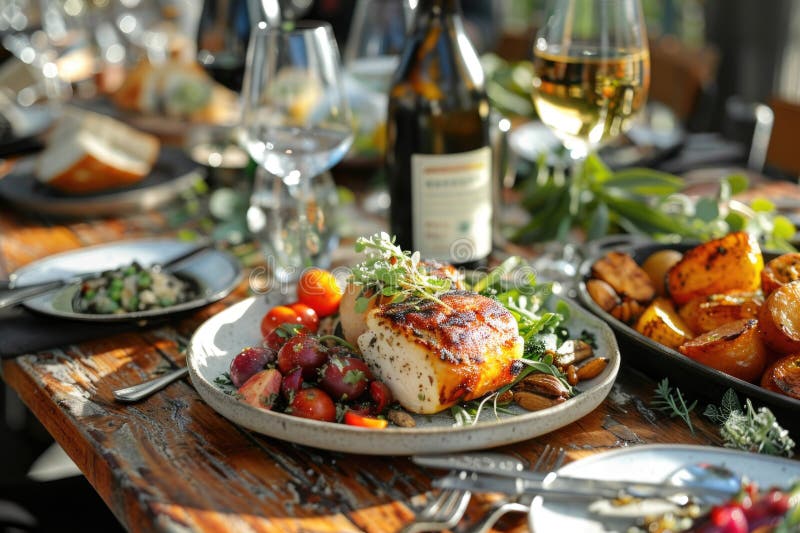 Gourmet Dinner Table Setting with Grilled Chicken, Roasted Vegetables, and Wine Glasses in ...