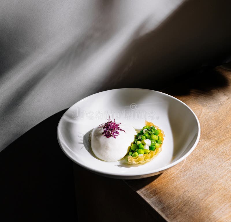 Gourmet Dish with Foam and Vegetables Creating Contrasting Flavors and ...