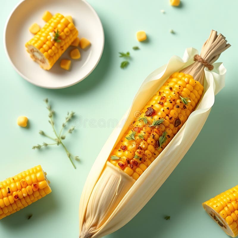 A Gourmet Dish Featuring Roasted Corn and Herbs on a Pastel Mint ...