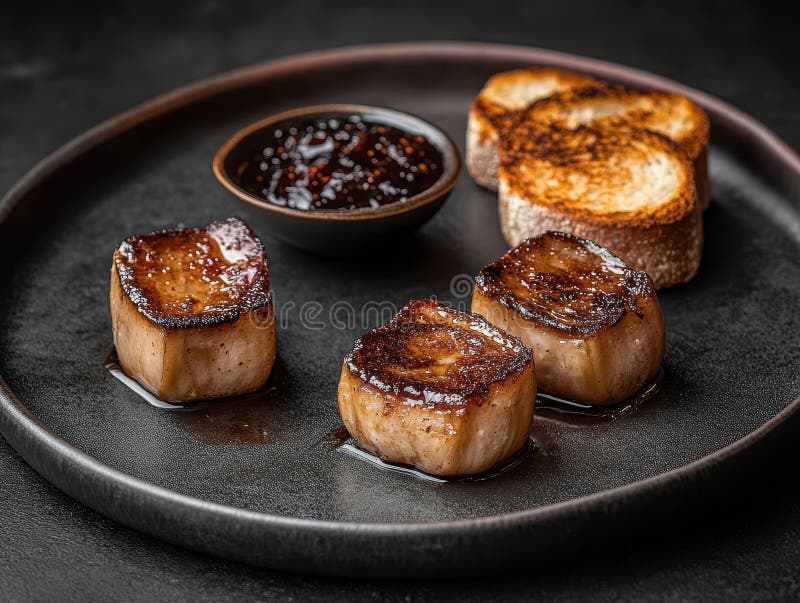 A Gourmet Dish Featuring Seared Scallops, Toast, and a Sauce on a Dark ...