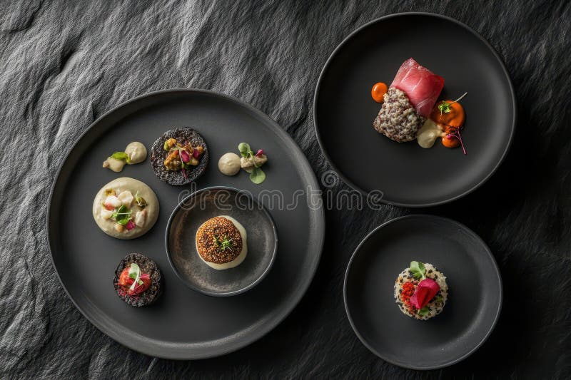 A Gourmet Dish Featuring Various Artistic Food Presentations on Black ...