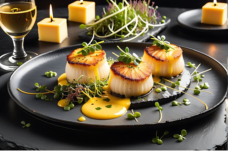 Gourmet Dish at a High-End Restaurant: Cheese-Crusted Seared Scallops ...