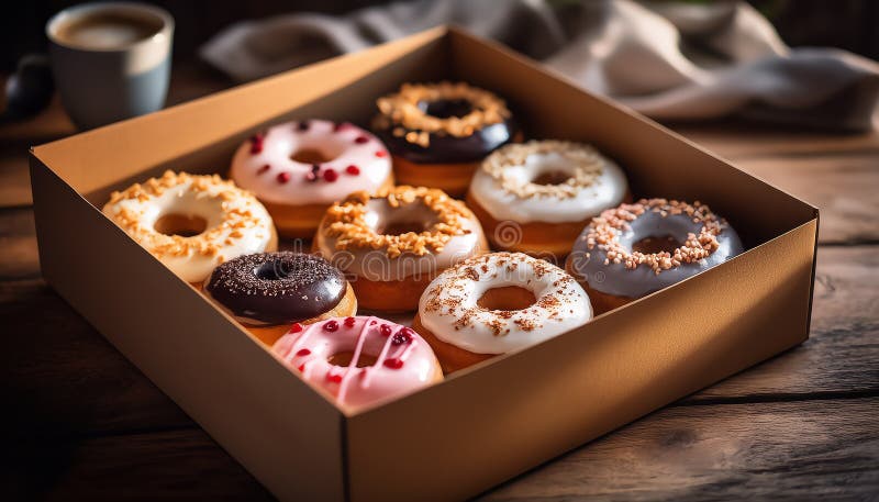 Gourmet Donuts Delight in a Cozy Wooden Setting Stock Illustration ...