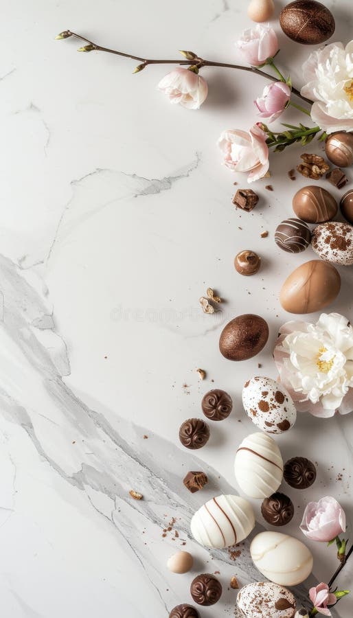 Gourmet Easter Flat Lay Design Featuring Chocolates, Hand-Painted Eggs ...