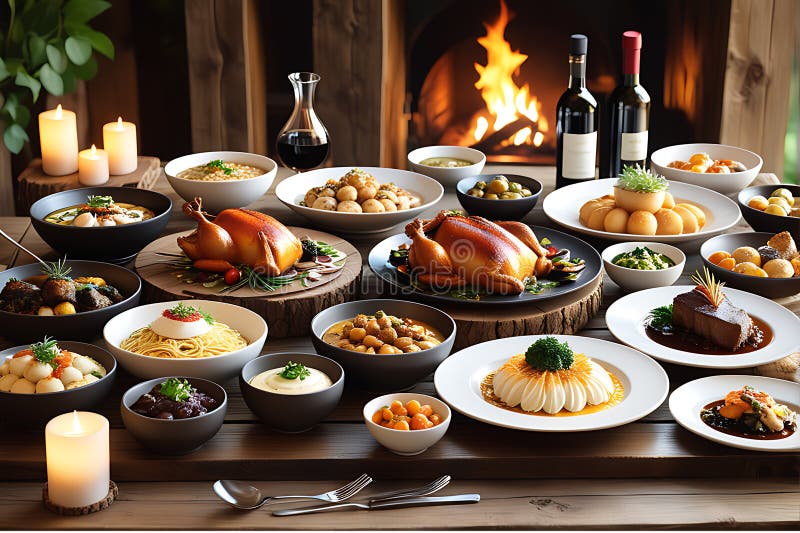 Gourmet Feast Spread Out on a Rustic Wooden Table - Showcasing an Array ...