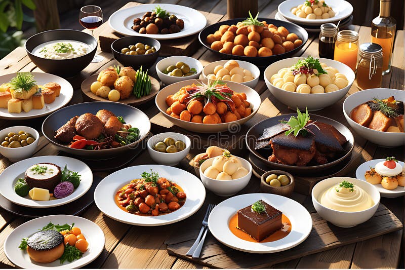 Gourmet Feast Spread Out on a Rustic Wooden Table - Showcasing an Array ...