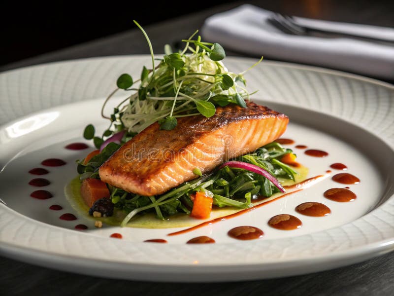 Gourmet Fine Dining Plating with Microgreens and Salmon Under Dramatic ...