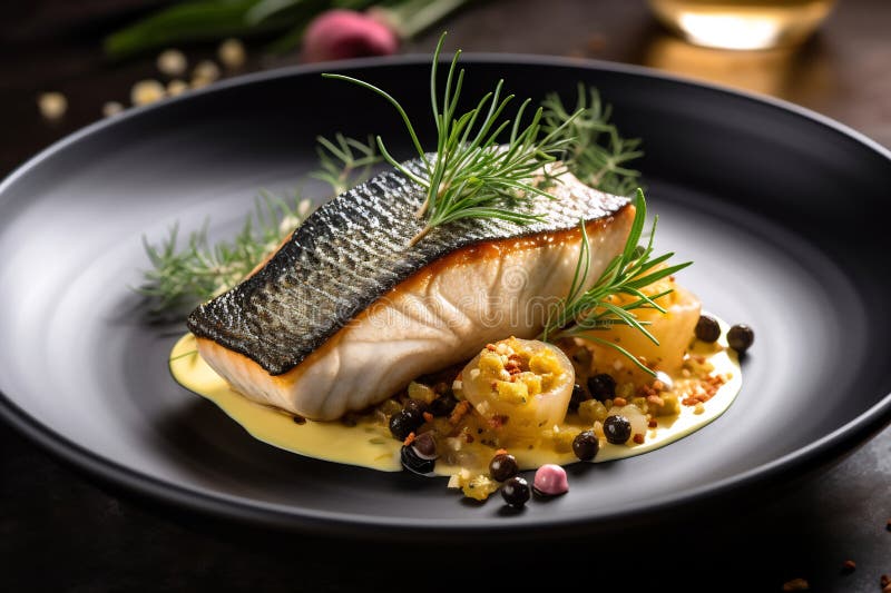 Gourmet Fish Dish on a Plate in Restaurant Stock Illustration ...