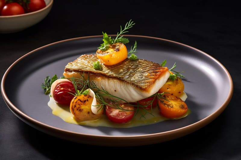 Gourmet Fish Dish on a Plate in Restaurant Stock Image - Image of ...