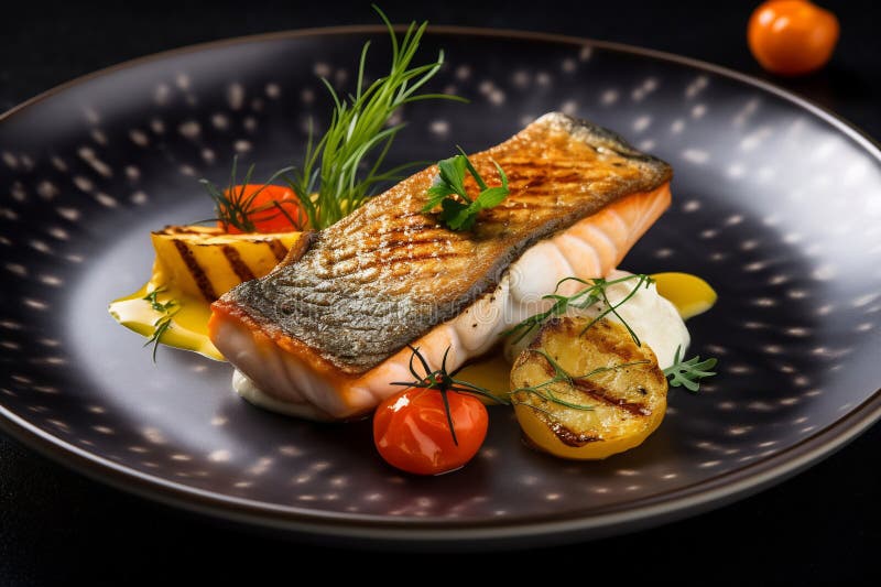 Gourmet Fish Dish on a Plate in Restaurant Stock Image - Image of ...