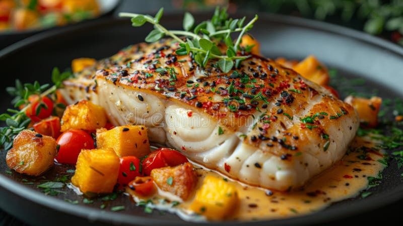 Gourmet Fish Dish with Vegetables and Herbs - Generative Ai Stock ...