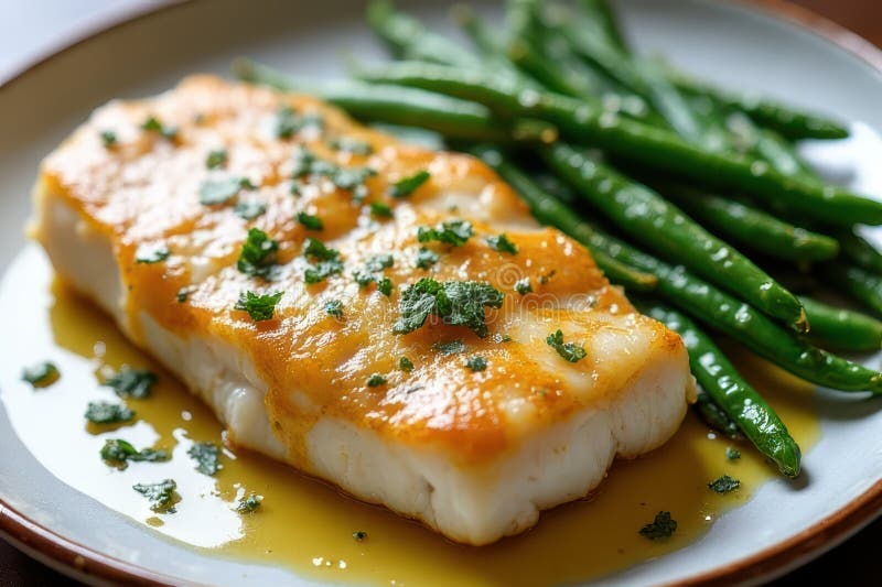 Gourmet Fish Dish with Vegetables and Lemon-Garlic Sauce Stock Photo ...