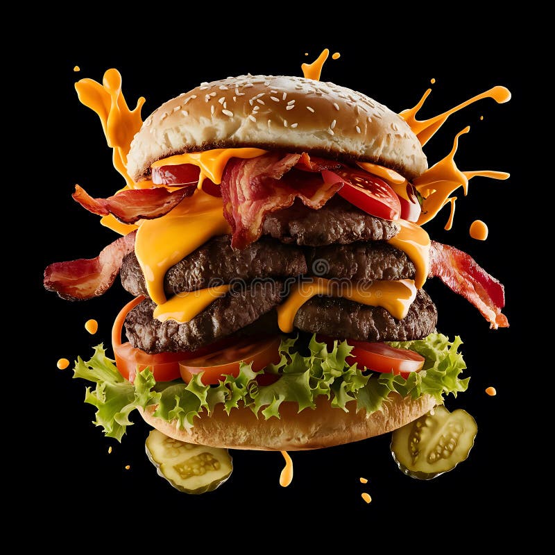 Gourmet Floating Cheeseburger Featuring Layers of Meat Presentation on ...